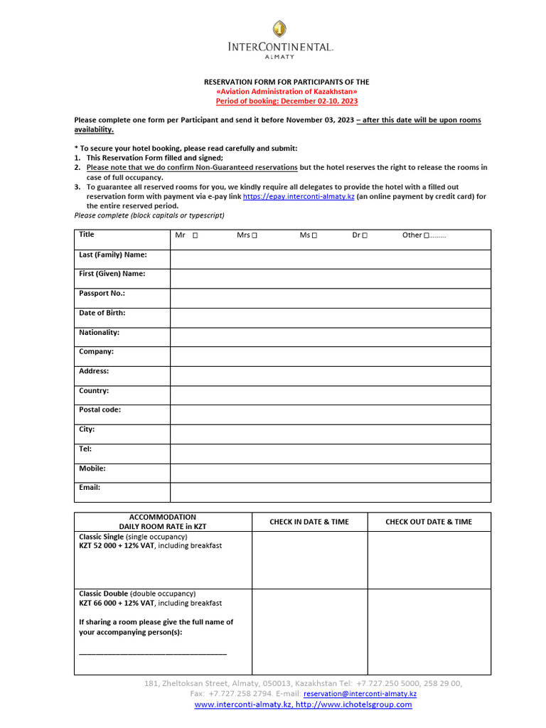 InterContinental Hotel Reservation Form | PDF | Value Added Tax | Payments