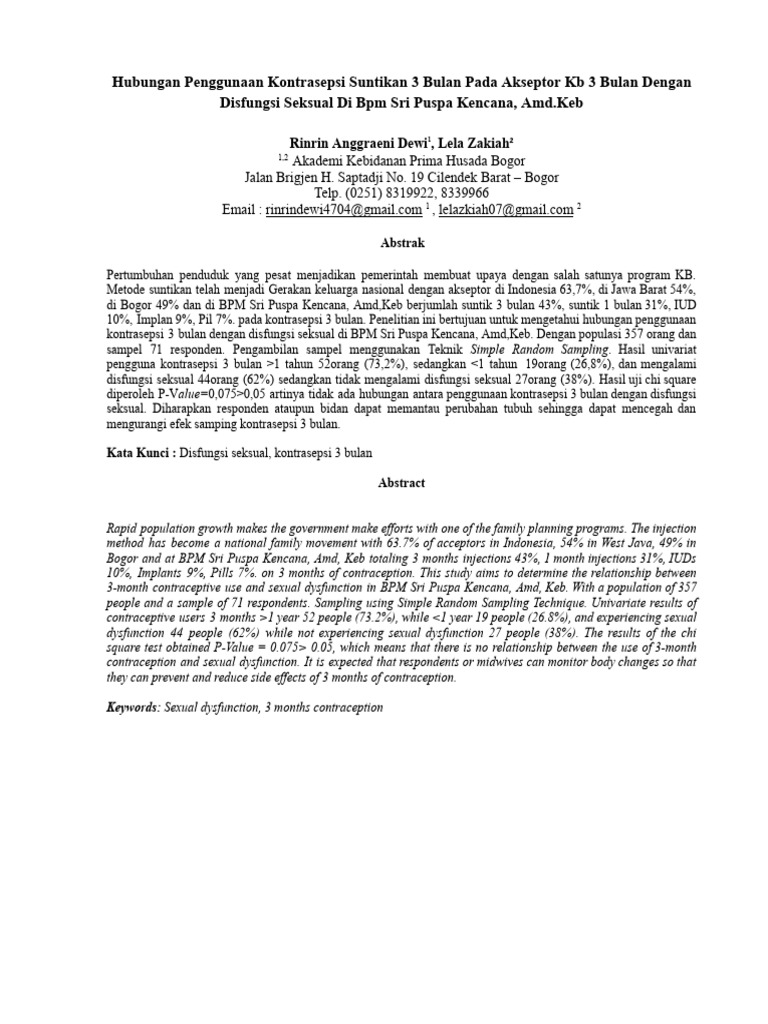 Hubungan Penggunaan Kontrasepsi Suntikan 3 Bulan Pada Akseptor Kb 3 Bulan Dengan Disfungsi ...
