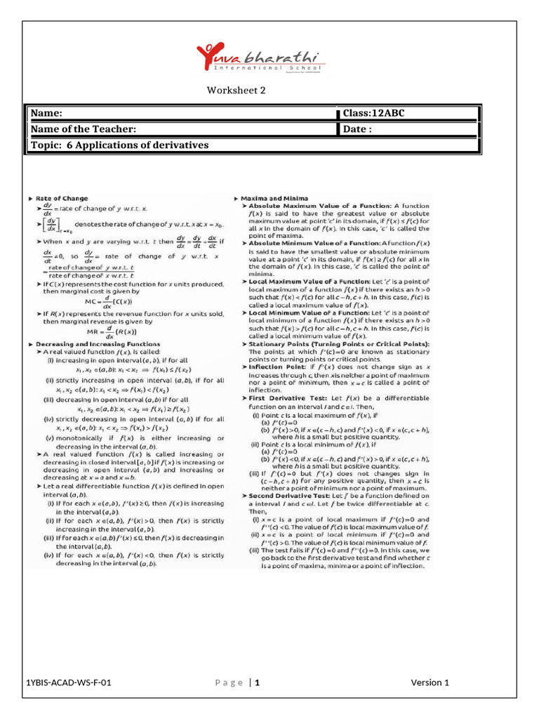 6 Applications of Derivatives Worksheet | PDF