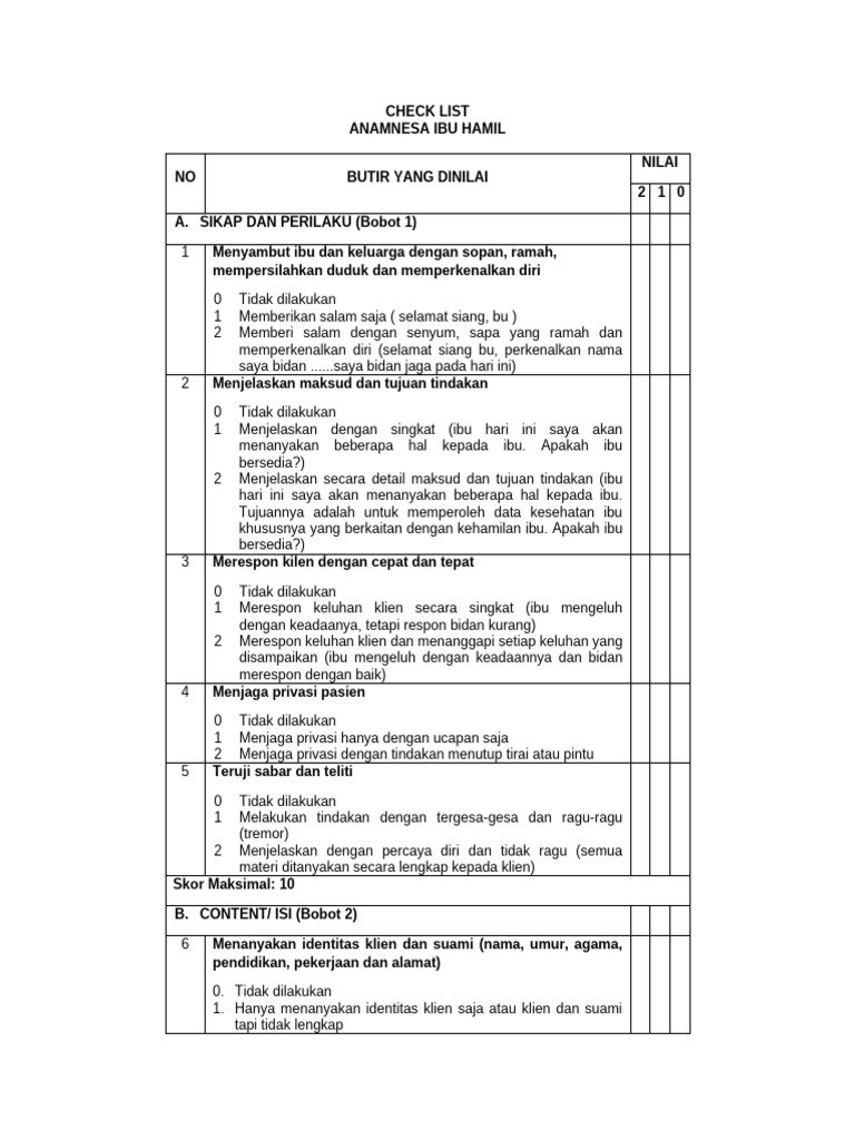 CHECK LIST Anamnesa | PDF