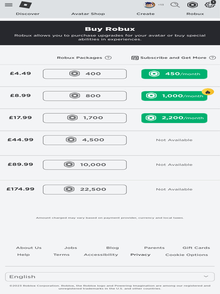 Buy Robux Packages and Subscriptions | PDF