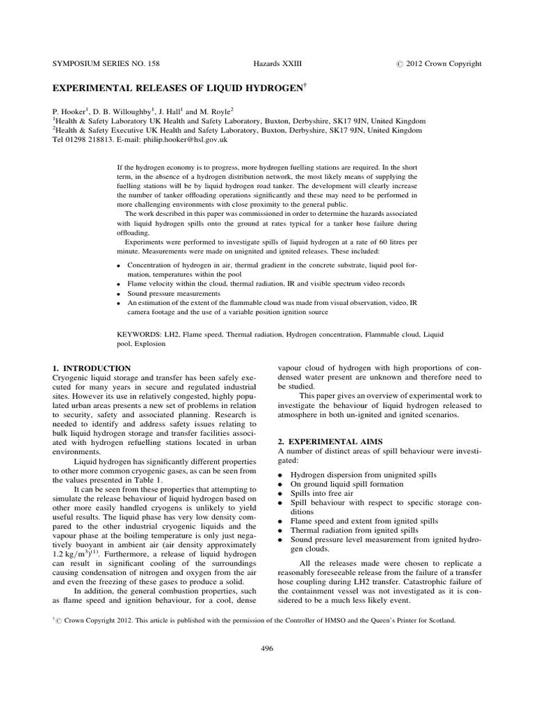 Experimental Releases of Liquid Hydrogen | PDF | Liquid Hydrogen ...