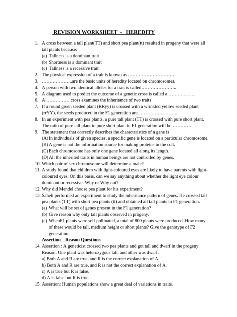 Heredity Revision Worksheet for Students | PDF | Dominance (Genetics ...