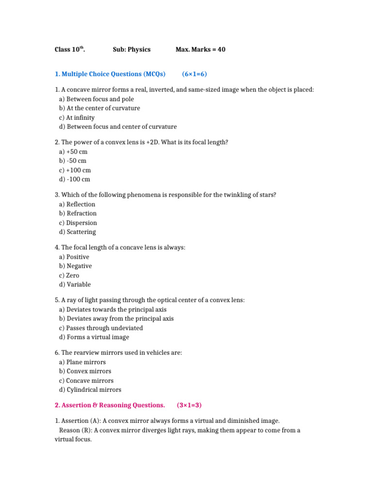 Class 10 Physics Light Questions | PDF | Mirror | Optics