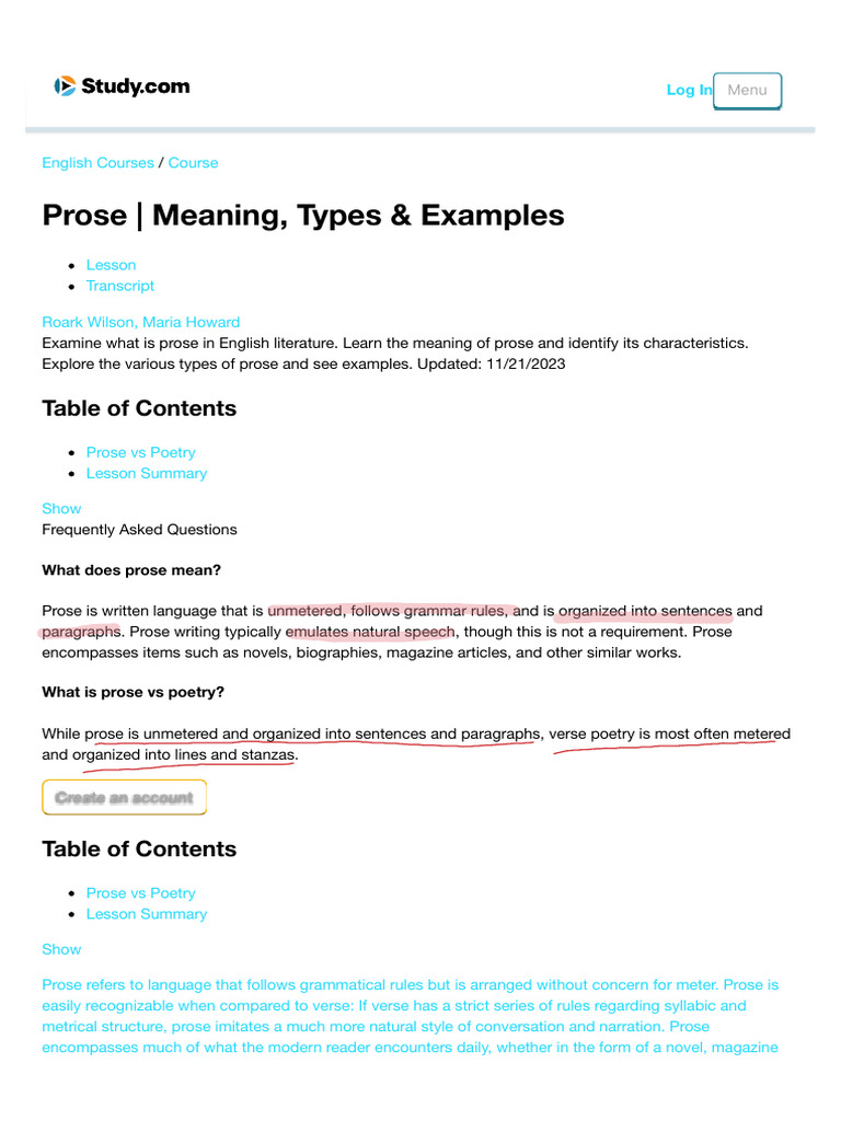 Prose Meaning, Types & Examples - Lesson Study.com | PDF | Poetry ...