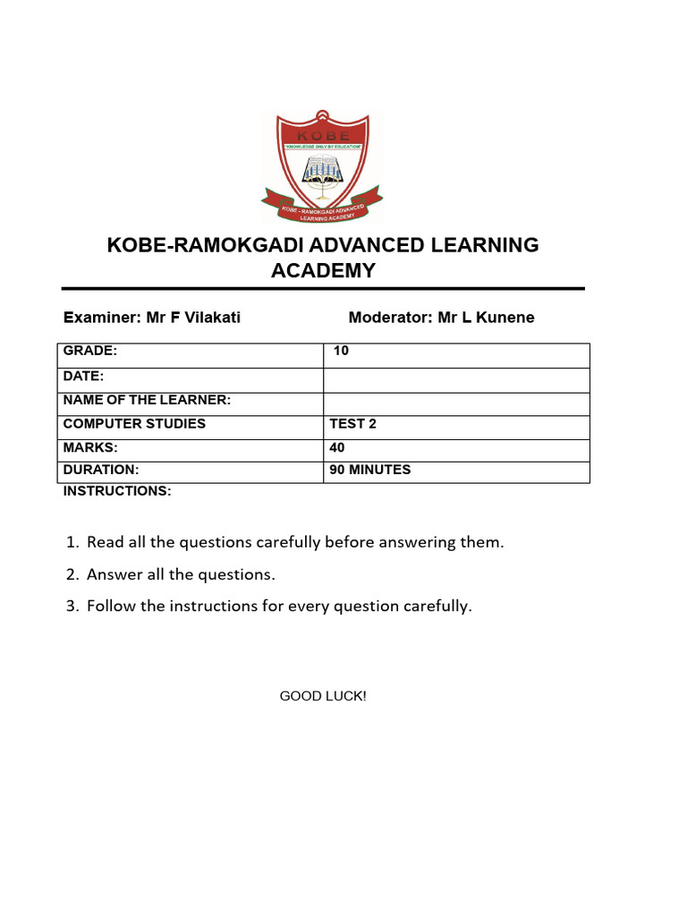 Computer Studies Test Grade 10 | PDF | Computer File | Paragraph
