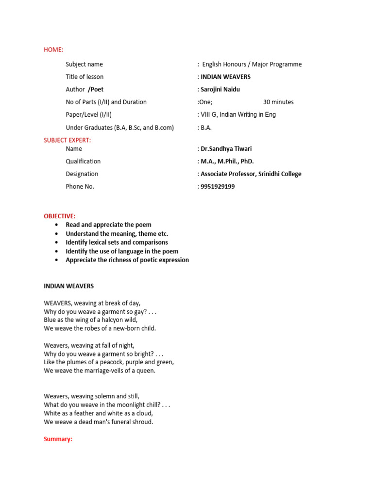 Indian Weavers by Sarojini Naidu200225111102023232 | PDF