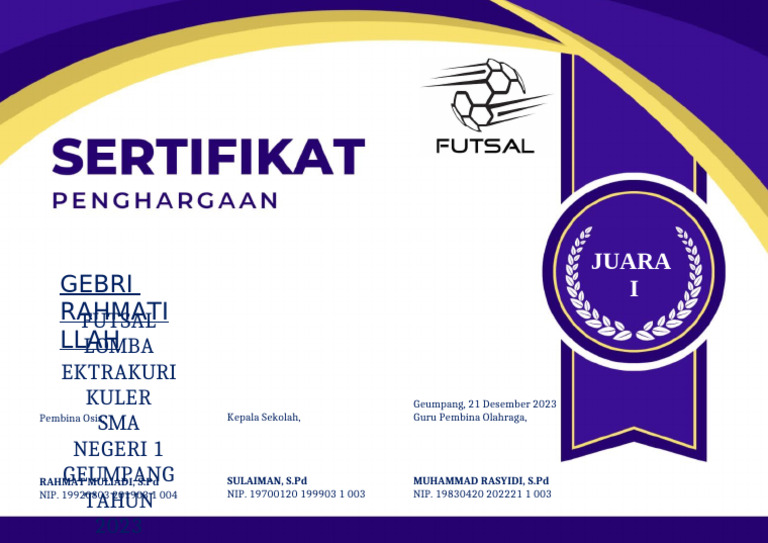 Sertifikat Juara Futsal 2023 | PDF