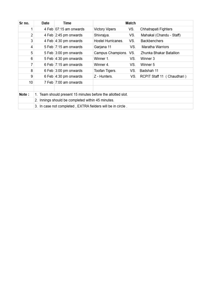 1st Series Match Timetable .spreadsheet | PDF