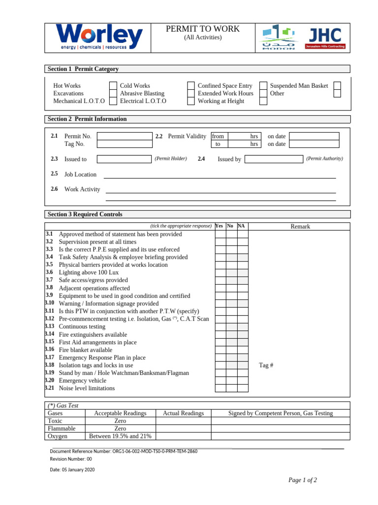 30 - Permit to Work Form all activities | PDF | Safety | Occupational Safety And Health