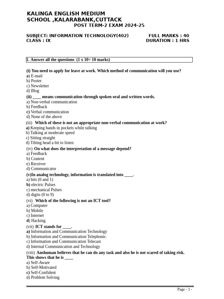 PT-2 EXAM Class 9(IT) | PDF | Communication | Human Communication