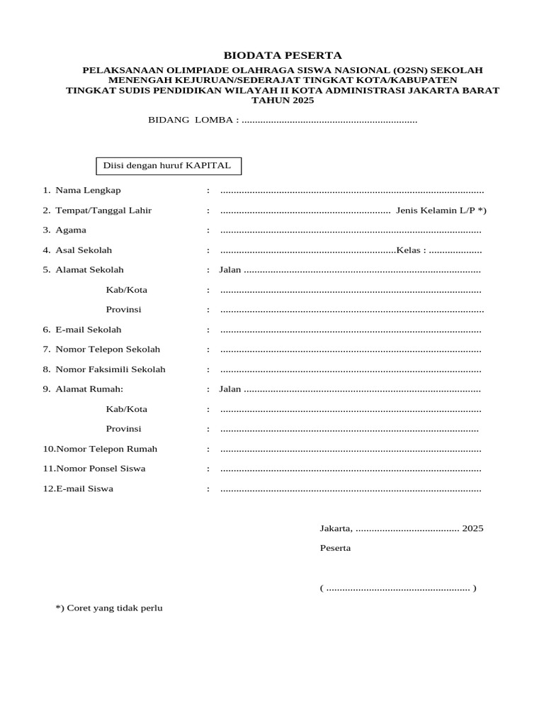 Biodata Peserta O2SN SMK 2025 | PDF