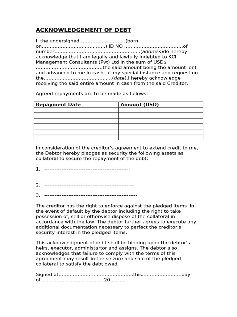 Acknowledgement of Debt and Security Pledge Form | PDF