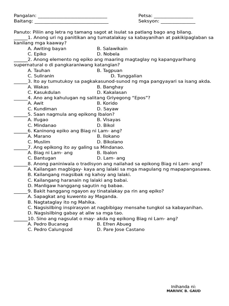 Epiko Activity | PDF