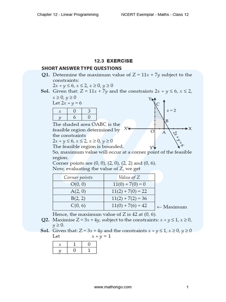 Ncert Exemplar Math Class 12 Chapter 12 Linear Programming | PDF | Mathematical Optimization ...