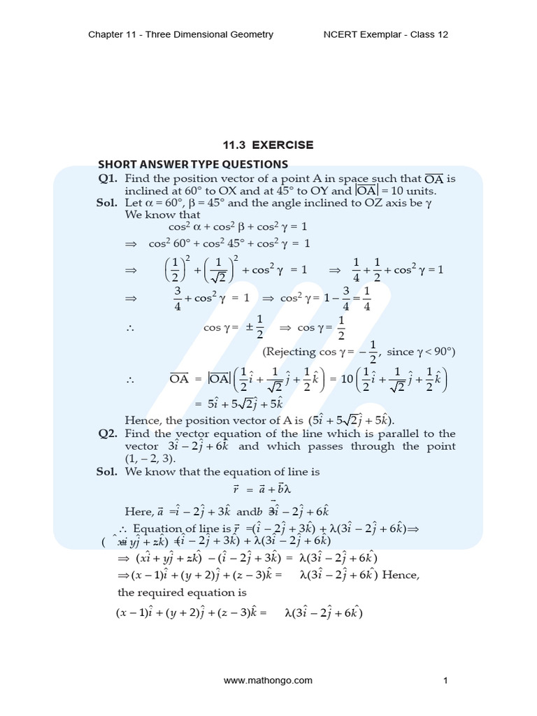 ncert_exemplar_math_class_12_chapter_11_three_dimensional_geometry | PDF | Physics | Geometric ...