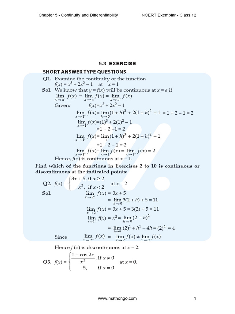 Ncert Exemplar Math Class 12 Chapter 05 Continuity and Differentiability | PDF | Trigonometric ...