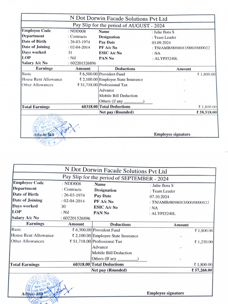 Monthly Pay Slips for Julie Flora S | PDF | Government Finances | Taxes