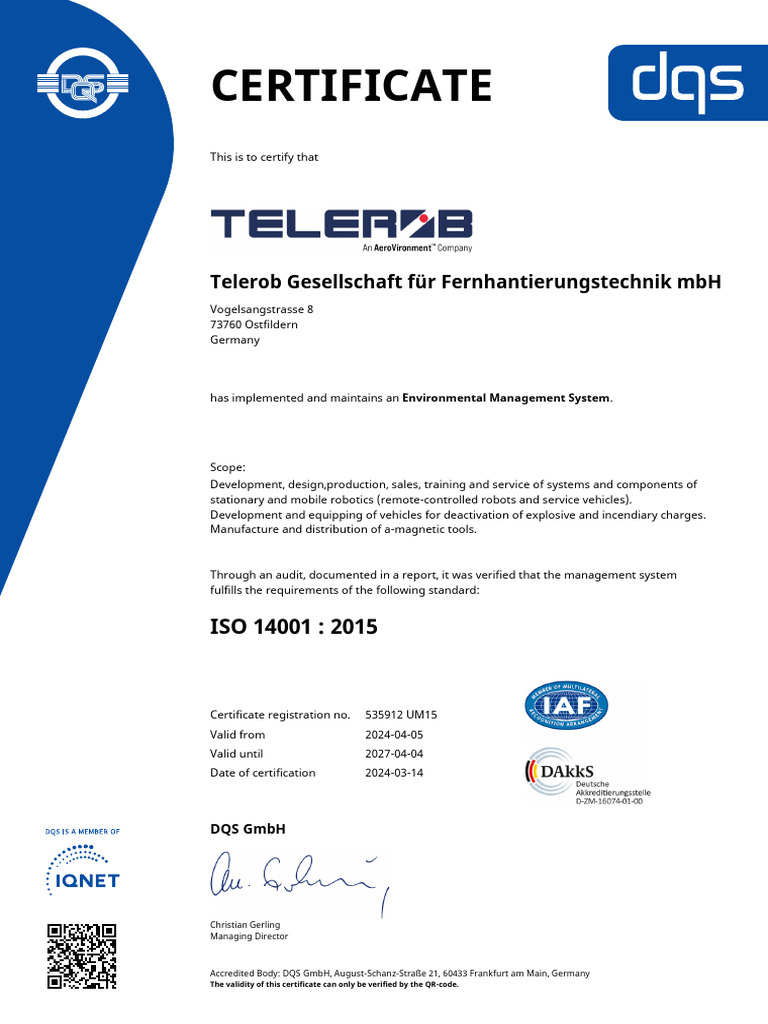 Telerob Gesellschaft Für Fernhantierungstechnik MBH - CERTIFICATE ...