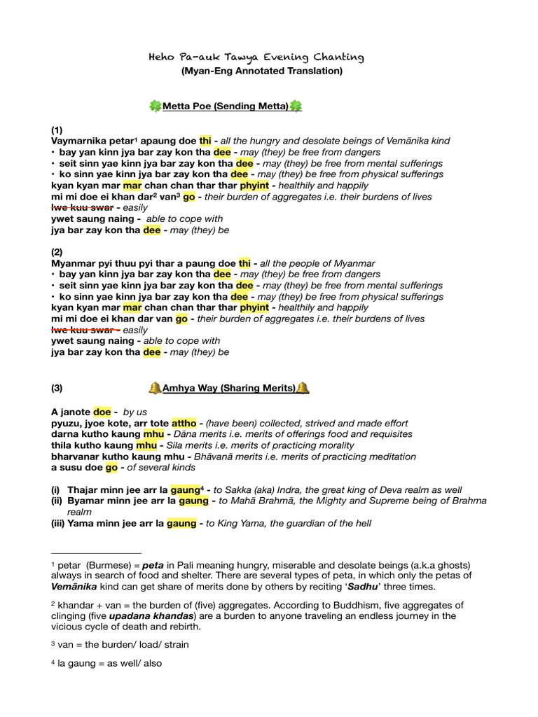 (Pa-Auk Heho) - Evening Chanting Metta Poe Myan-Eng Translation | PDF ...