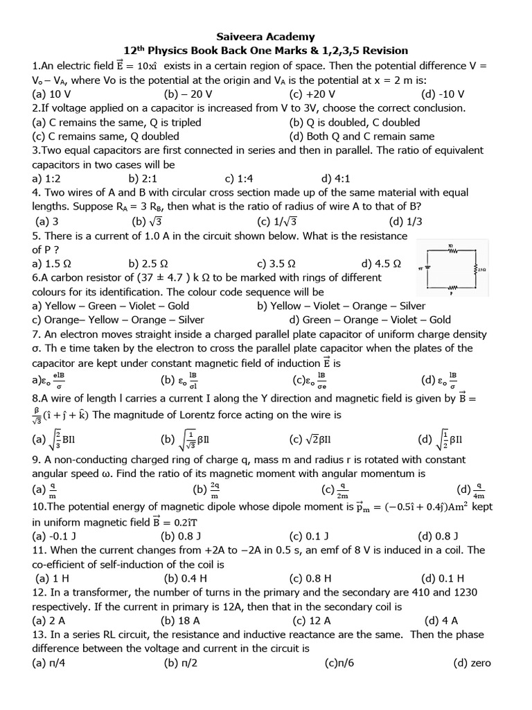 12th Physics One Mark Questions Guide | PDF | Series And Parallel ...
