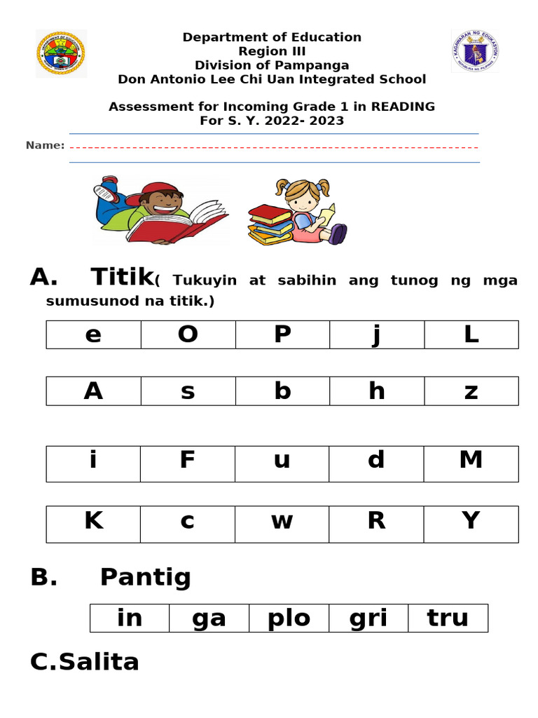 Assessment in Mathenglish and Science For Incoming Grade 1 | PDF