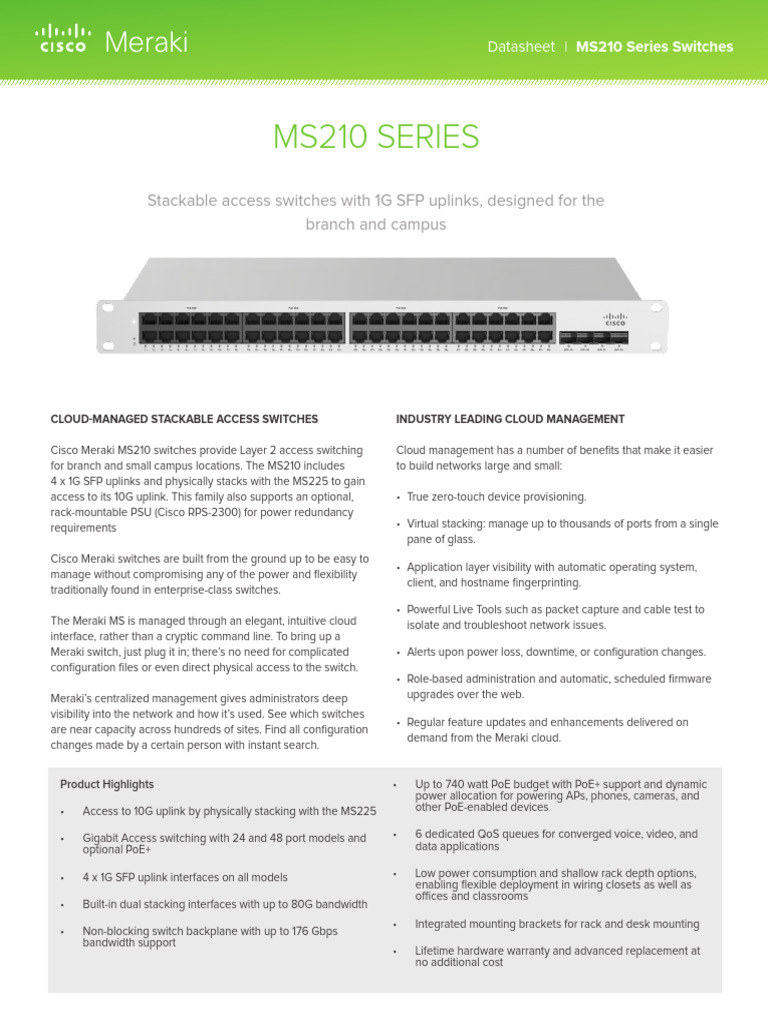 Meraki Datasheet Ms 210 | PDF | Network Switch | Computer Network