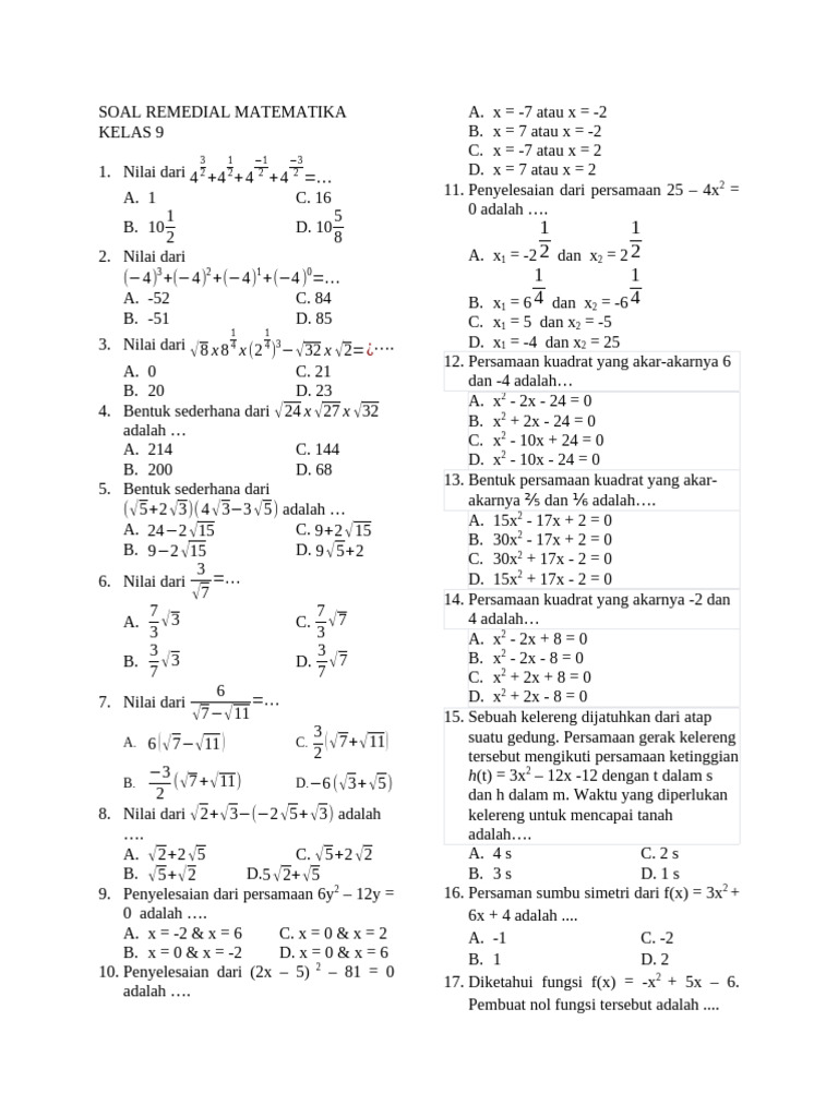 Soal Remdial MTK KLS 9 | PDF