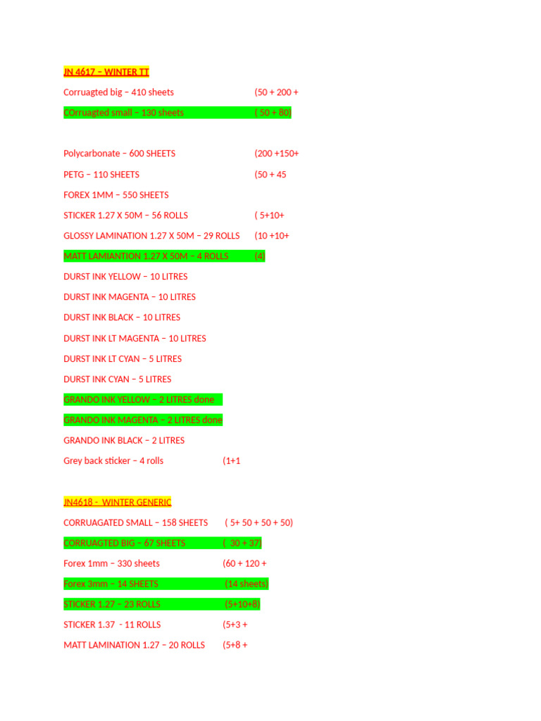 Winter Inventory: Sheets & Inks List | PDF