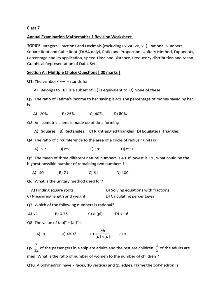 4.) C7 Maths 1 Annual Worksheet 1 2024 | PDF | Ratio | Numbers