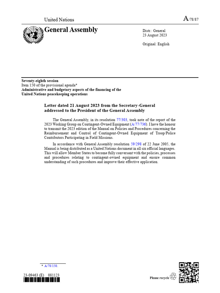 2023 COE Manual - English | PDF | United Nations General Assembly | Peacekeeping