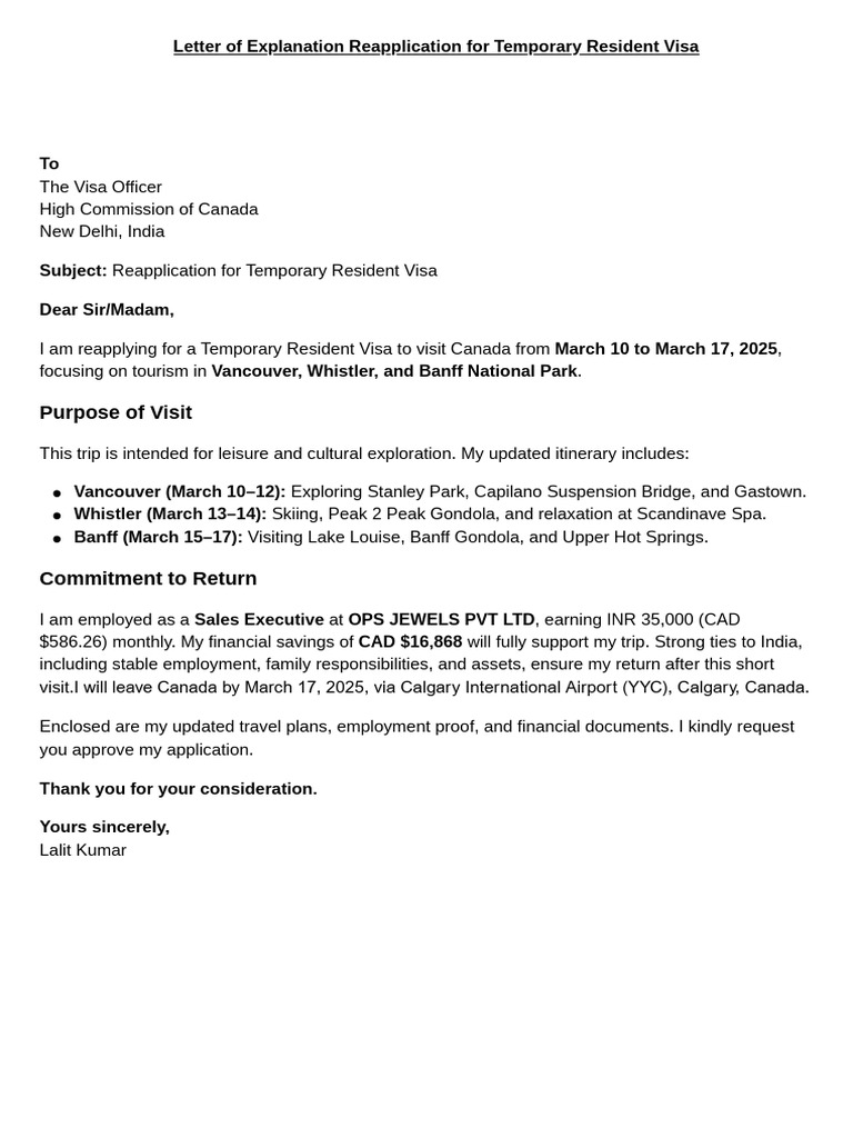 Letter of Explanation Reapplication For Temporary Resident Visa | PDF