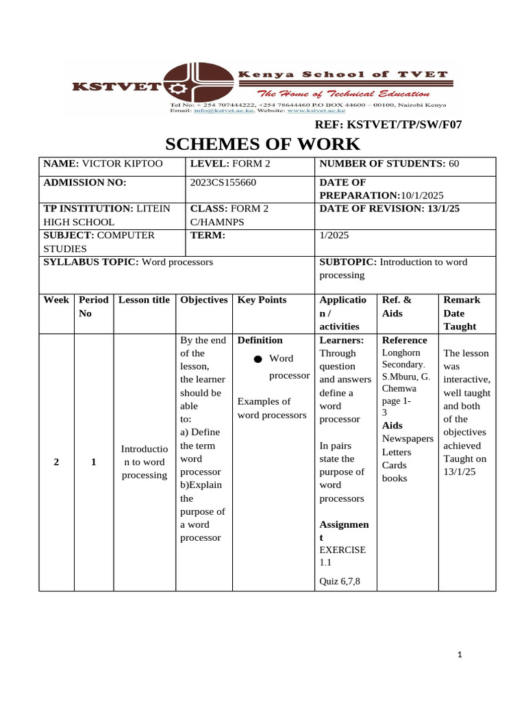 Schemes of Work Computer | PDF | Worksheet | Microsoft Word