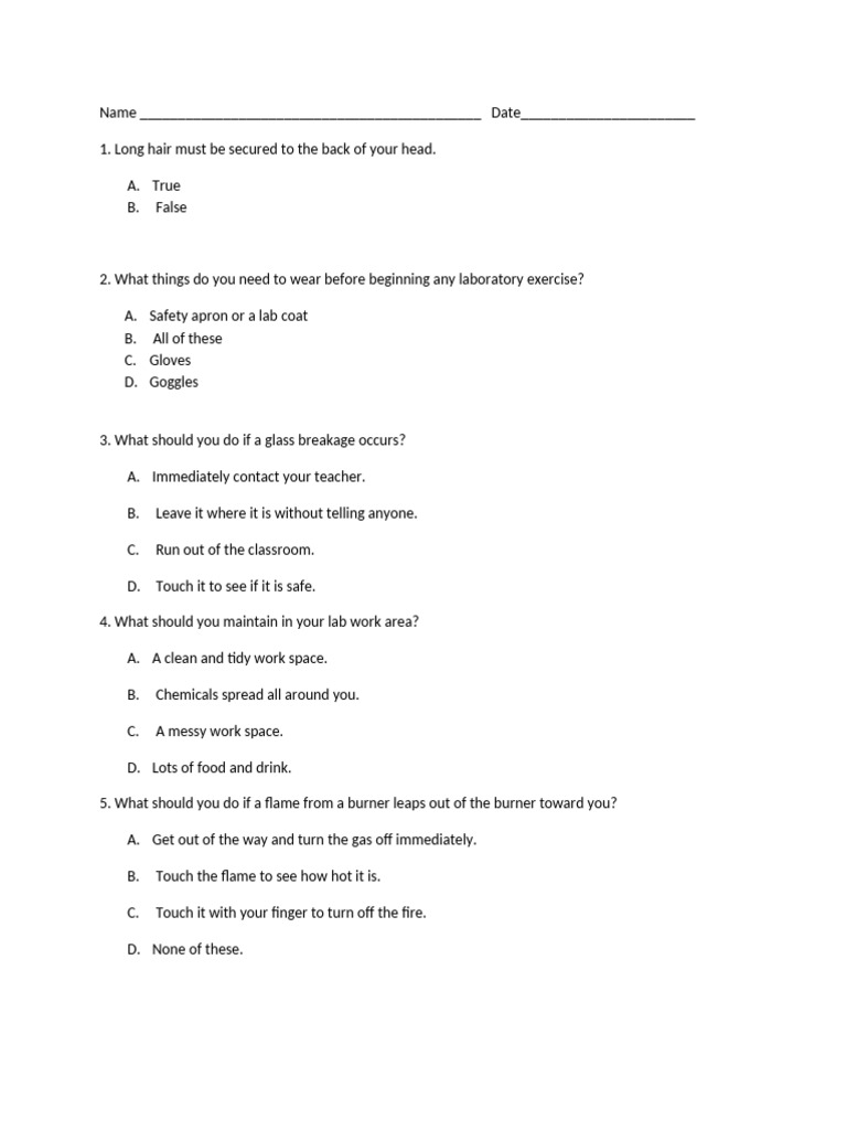 Laboratory Safety Quiz Questions | PDF