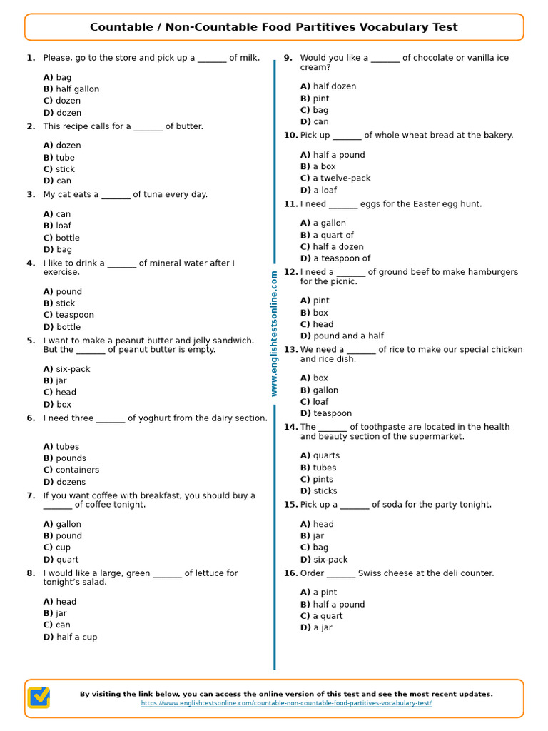 170 Countable Non Countable Food Partitives Vocabulary Test ...
