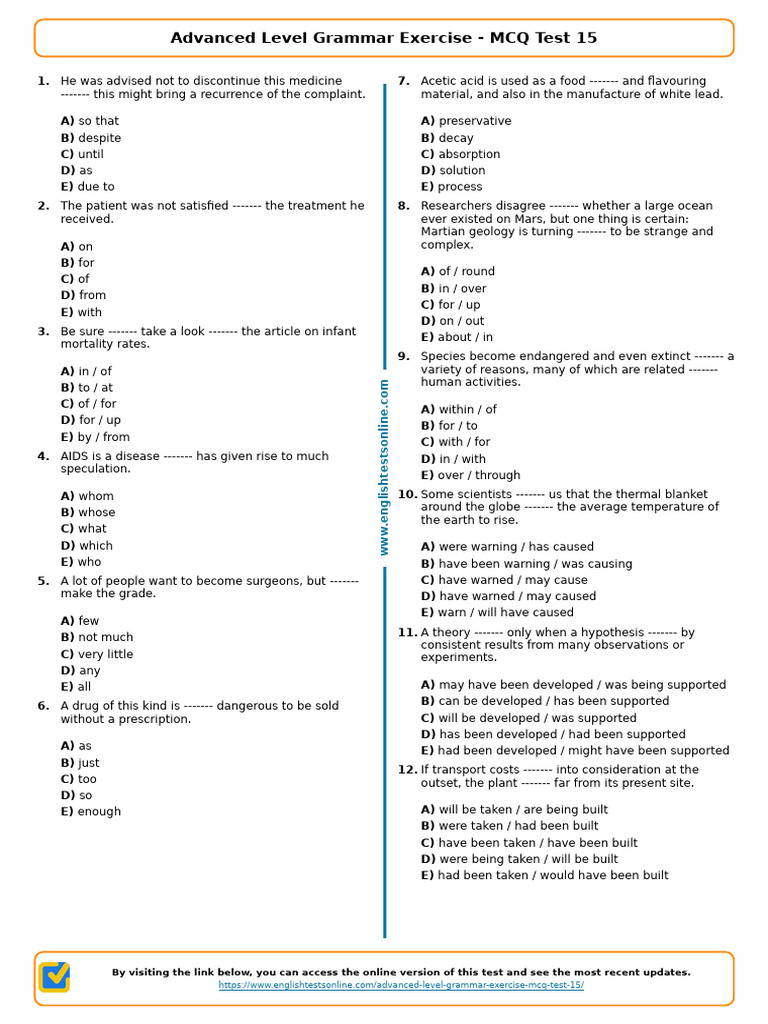 838 Advanced Level Grammar Exercise MCQ Test 15 | PDF | Mars | Physical ...