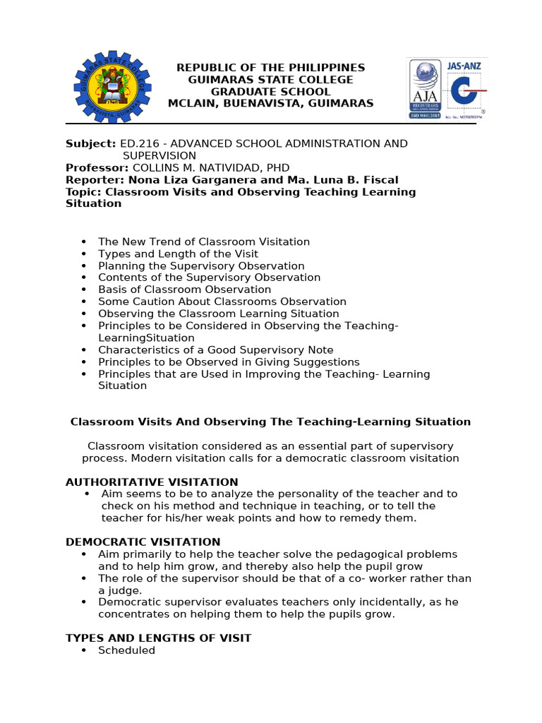 Classroom Visits and Observing Teaching Learning Situation | PDF ...
