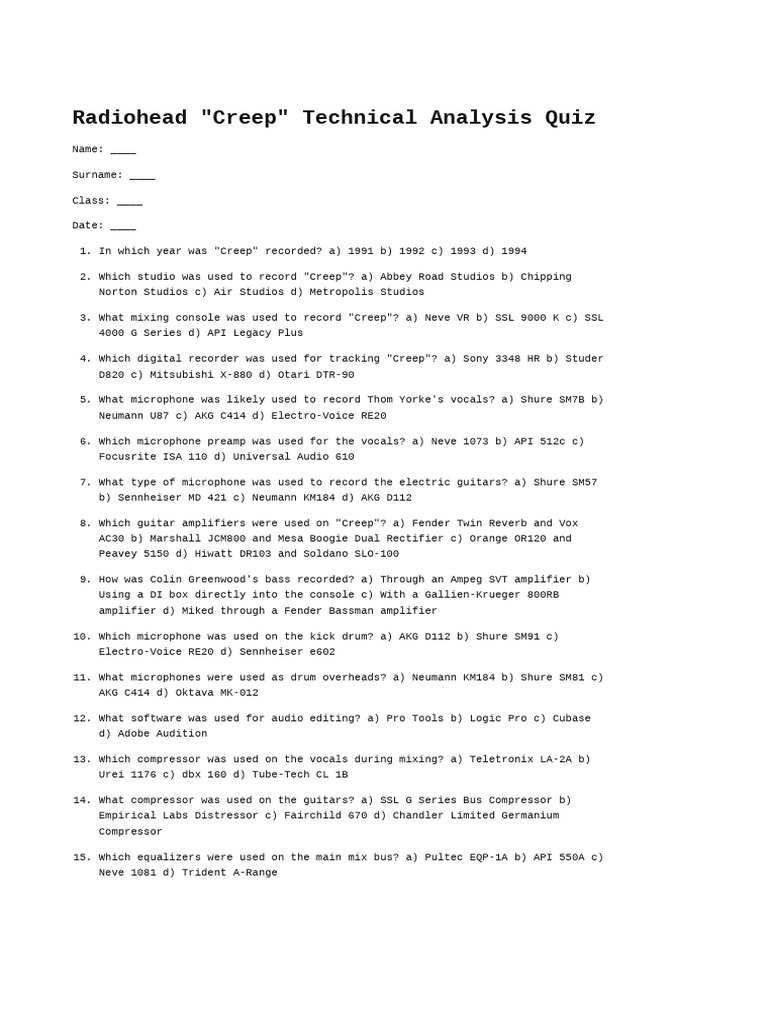 Creep - Radiohead Quiz | PDF | Music Technology | Sound Recording