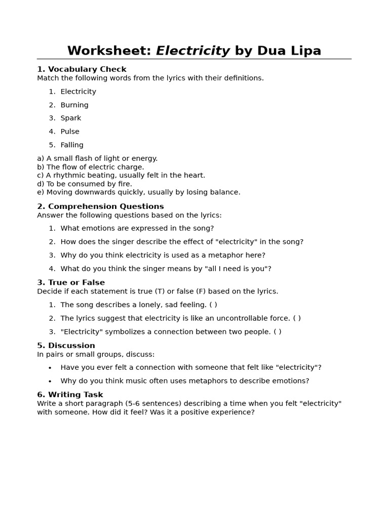 Electricity Song Worksheet | PDF | Electricity