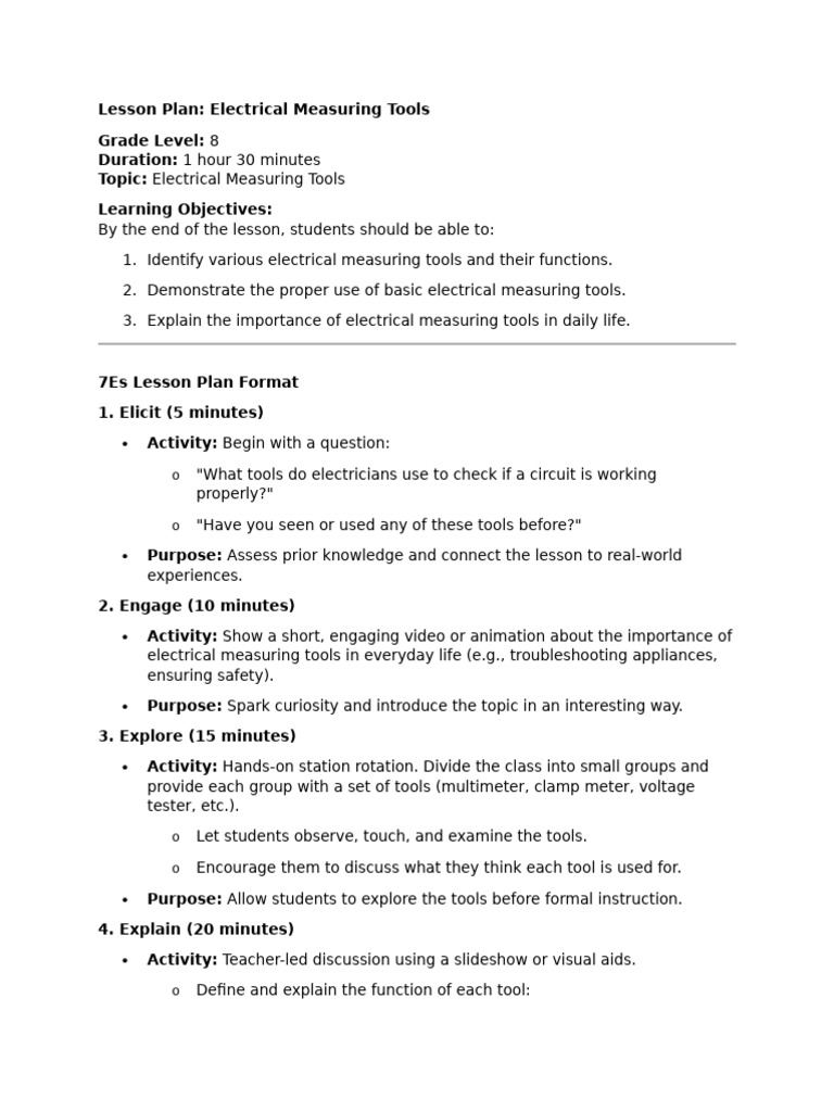 Electrical Measuring Tools Lesson Plan | PDF | Voltage | Lesson Plan