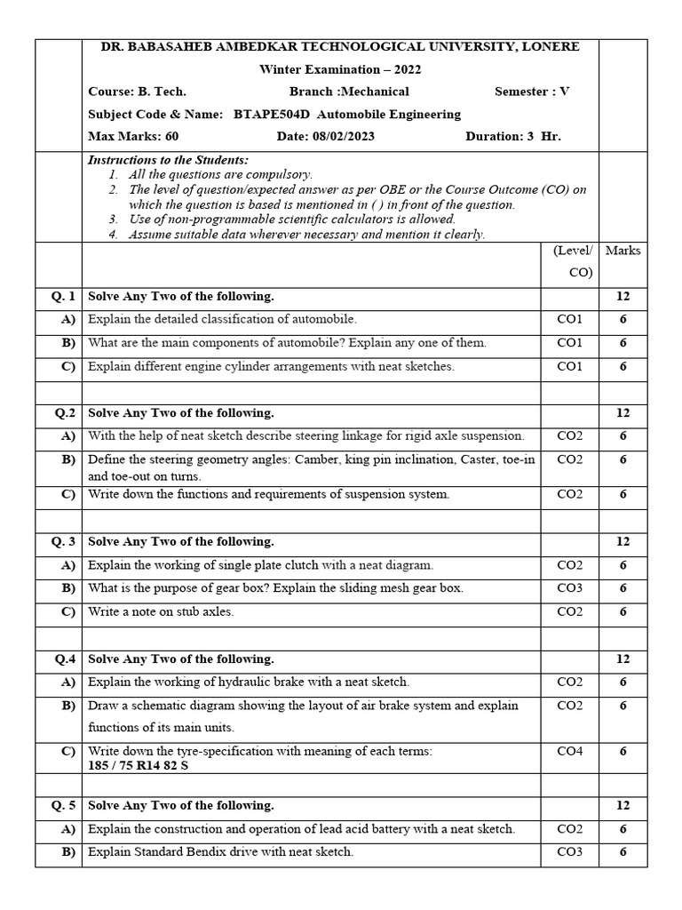 Automobile Engineering Exam Paper | PDF | Steering | Land Vehicles