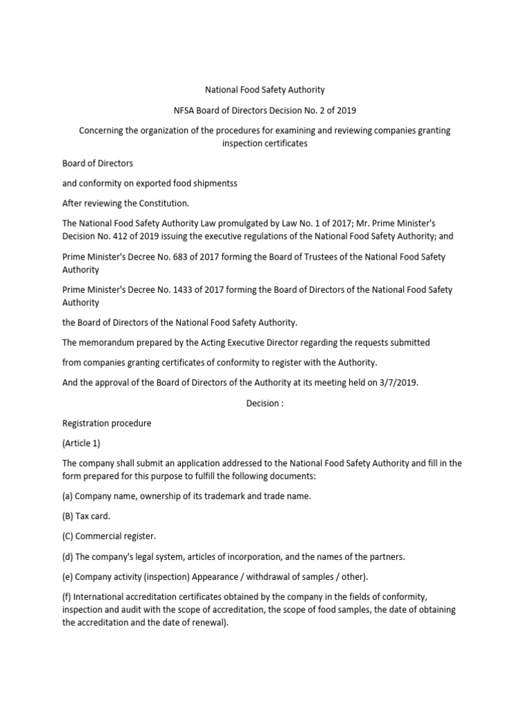 NFSA Board Decision on Inspection Procedures | PDF | Food Safety | Decree