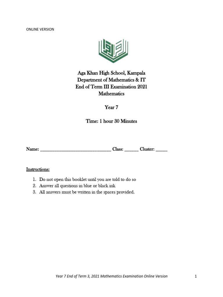 Year 7 Mathematics Exam Term 3 2021 | PDF | Numbers | Significant Figures