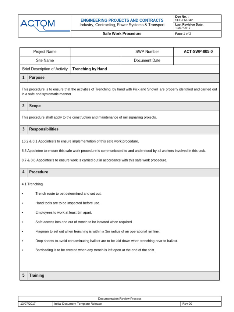 ACT-SWP-005-0 Trenching by Hand | PDF | Personal Protective Equipment ...