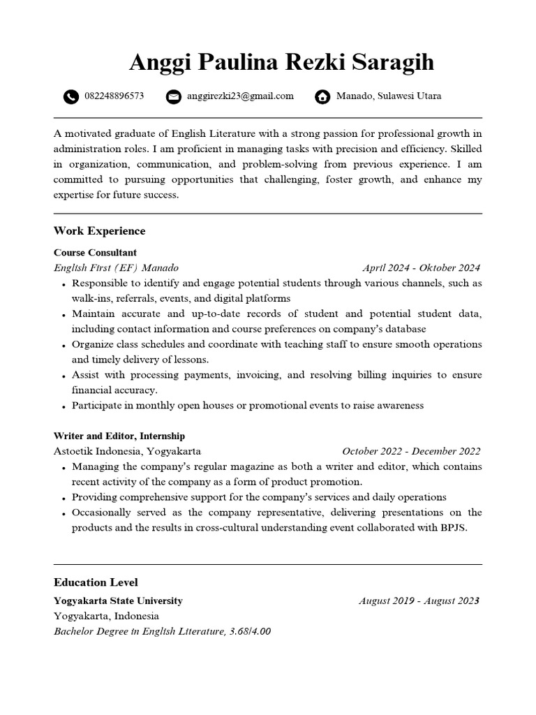 CV Anggi Paulina Rezki Saragih | PDF