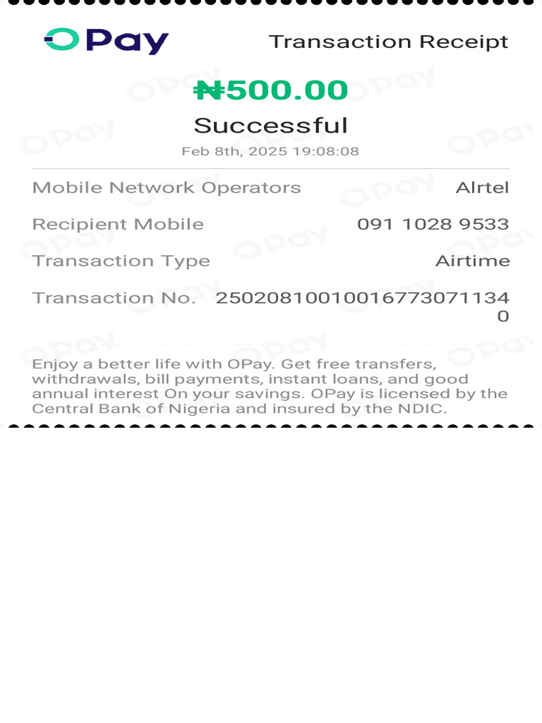OPAY Transaction Receipt - ₦500 Airtime | PDF