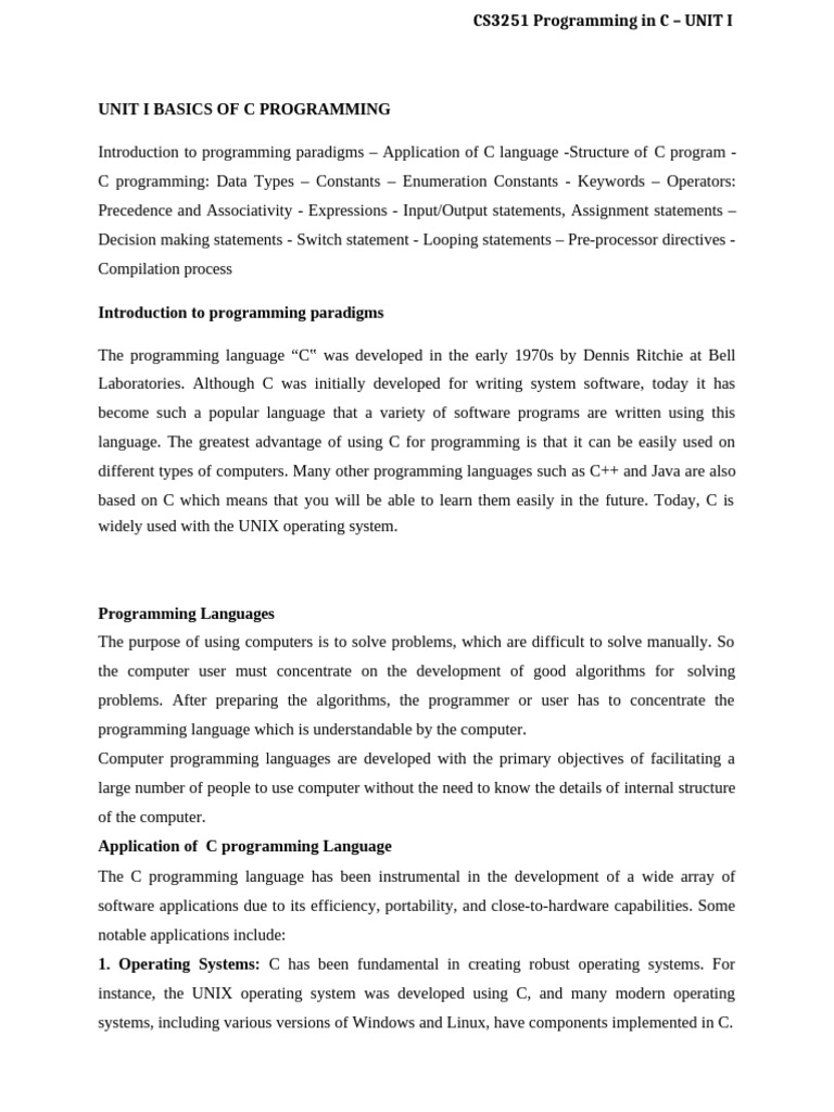 Unit I Basics Of C Programming Pdf Computer Programming Data Type