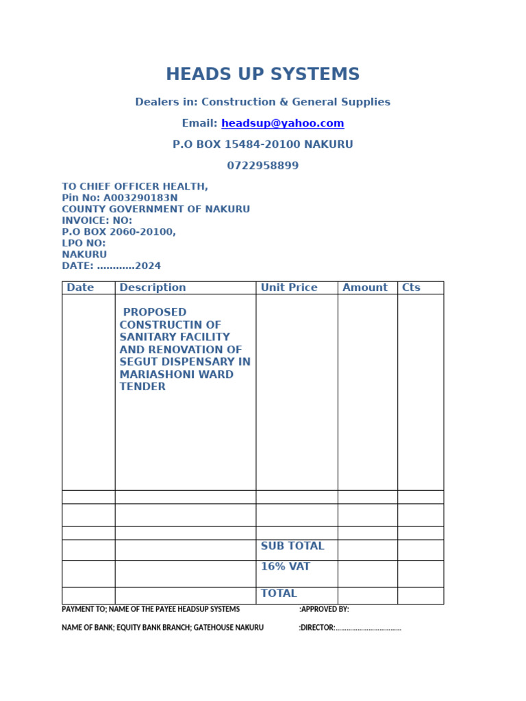 Sanitary Facility Tender Invoice | PDF