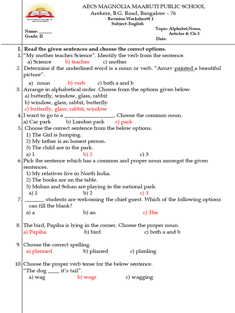 Grd 2-Revision WS1&2-Key Ans(2023-24) | PDF | Grammatical Tense | Verb