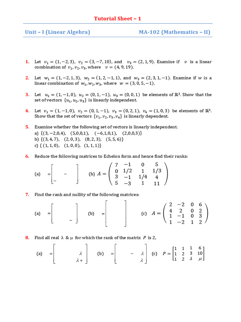 Tutorial Sheet 1 (LA) MA102 | PDF | Eigenvalues And Eigenvectors | Operator Theory
